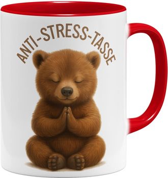 OM3 B&auml;rchen Anti-Stress Kaffee-Tasse - S&uuml;&szlig;e B&auml;r Keramiktasse mit Namaste Motiv - Keramik Becher - 325ml - Beidseitig Bedruckt - Rot