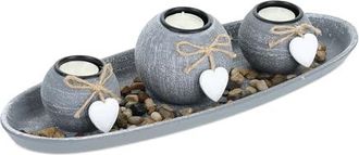 Relaxdays Teelichthalter Set mit Tablett & Steinen, 38 cm lang, Tischdeko Wohnzimmer, Esszimmer, Kerzenhalter, grau/weiß