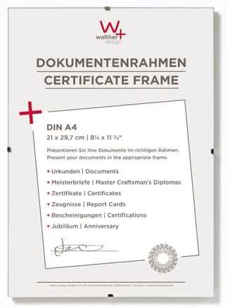 Walther Design Bilderrahmen Antireflexglas 21 x 29,7 cm (DIN A4) Dokumentenrahmen Rahmenlose Bildhalter RB130A