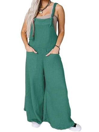 Onsoyours Salopette Femme R&eacute;glable Bretelles Ample Harem Sarouel Pantalon Poches Boho Imprim&eacute; sans Manches Stretch Combinaison Chic Casual Jumpsuit Couleur Unie