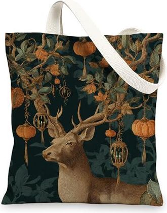 Generic Sacs fourre-tout en toile motif cerf, sacs réutilisables, vintage, botanique, léger, lavable, bandoulière en toile pour salle de sport, vert foncé, 13