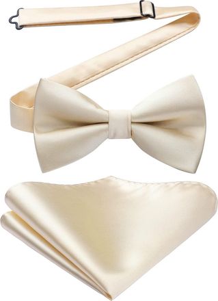 Hisdern Fliege Herren mit Einstecktuch Cream Einfarbig Fliegen f&uuml;r Herren Vorgebundene Fliege Anzug f&uuml;r Hochzeit Party