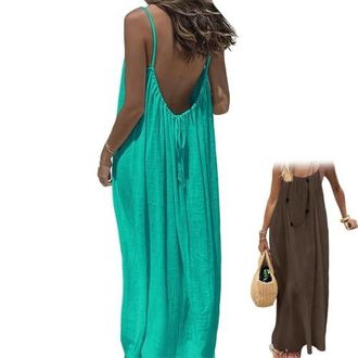 Generic Robe caraco dos nu de couleur unie pour femme, robe longue d&eacute;contract&eacute;e pour la plage, les vacances, cyan, XL