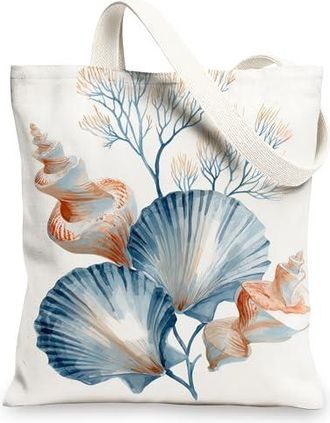 Generic Sacs fourre-tout en toile de coquillages docéan, sacs de courses réutilisables, élégants et légers et lavables, bleu, 13x15 Inch