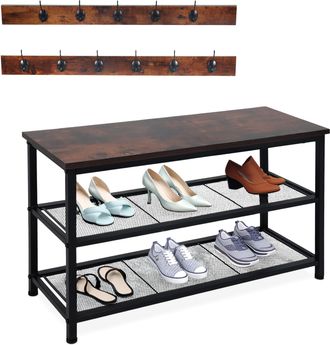 Relaxdays Schuhregal mit Garderobe, Schuhablage 6 Paar Schuhe, HBT: 45x80x30 cm, Hakenleisten, Industrial, schwarz/braun