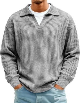 Generic Polo pour homme grand et grand t-shirt gaufr&eacute; col en V coupe ample &agrave; manches longues T-shirts de golf l&eacute;gers et respirants T-shirts de golf d&eacute;contract