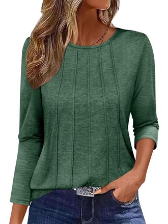 Onsoyours Shirt Damen 3/4 Arm Rundhals Mit Falten Tshirt Leichte Pullover Sommer Herbst Oberteile Casual Basic T-Shirts A Gr&uuml;n XXL