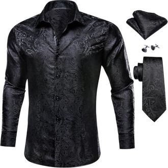 Generic Chemise en soie pour homme - Boutons de manchette - Motif cachemire floral - Manches longues - Cravate - Chemise de mariage, Cy-0063-n-5411, M