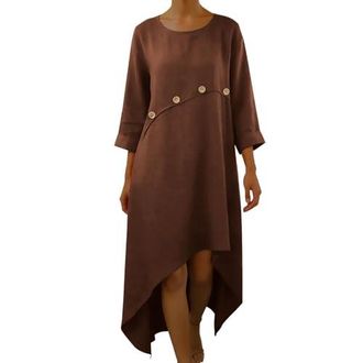 Generic Robe mi-longue d&eacute;contract&eacute;e &agrave; manches 3/4 en coton et lin avec col rond et bordure boutonn&eacute;e pour femme, caf&eacute;, XXL