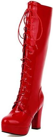 SJJH Bottes hautes avec lacets crois&eacute;s pour femme pour les soir&eacute;es et la vie quotidienne, talon de 10 cm, fermeture &eacute;clair lat&eacute;rale, rouge, 42 EU