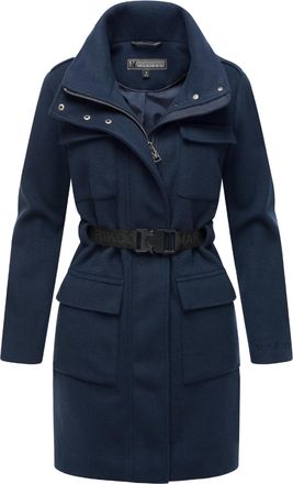 Marikoo Damen lange &Uuml;bergangsjacke Kurzmantel in Woll-Optik mit Tailleng&uuml;rtel Tanokoo 16 Navy Gr. XL
