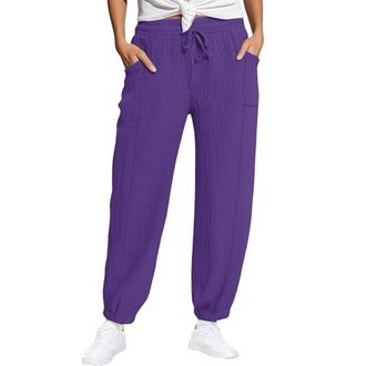 Generic Nuoke pantalon fluide femme &eacute;t&eacute;,Pantalon large en lin pour, d&eacute;contract&eacute;, ample, taille haute, pour la plage, avec poches Short Pyjama Carreaux (Rose G