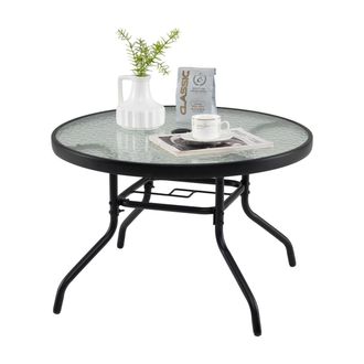 Giantex Runder Beistelltisch, Gartentisch mit Schirmloch, geh&auml;rteter Glasplatte, stabilem Metallgestell, Couchtish & Kaffeetisch f&uuml;r Wohnzimmer, Terrasse, Gar