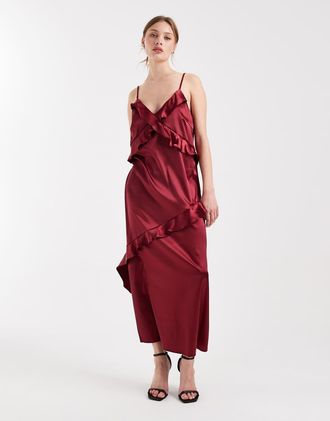 Object Camisole-Maxikleid aus Satin in Burgunderrot mit R&uuml;schenbesatz