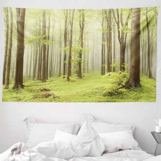 Abakuhaus Wald Wandteppich und Tagesdecke, Misty Frühling Natur aus Weiches Mikrofaser Stoff Waschbar ohne Verblassen Digitaldruck, 230 x 140 cm, Grün Beige