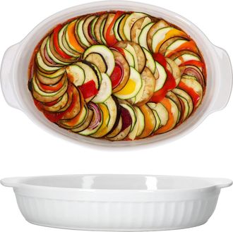 MamboCat 2er Set Auflaufform oval mit Henkeln groß I Weiß Keramik 1,8 Liter Bräter backofengeeignet I Servierschalen weiß feuerfeste Ofenform I Antipastischale