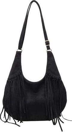 Generic Sac &agrave; &eacute;paule Souple en Daim pour Femme, Sac Hobo &agrave; Franges en Daim, Sac Bandouli&egrave;re Croissant &agrave; Pompons, Sac Sous-bras de Voyage, Sac &agrave; Main Casual