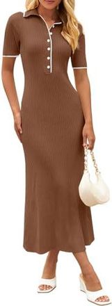 Merokeety Robe Longue Moulante en Tricot côtelé avec col en V et Manches Courtes pour Femme, Chocolat, Taille L