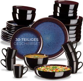 TecTake 30tlg. Kombiservice 6 Personen, Steingut Geschirrset 6 Personen, handgefertigtes Teller Set mit Sch&uuml;sseln und Tassen, Geschirr Set sp&uuml;lmaschinen- und 