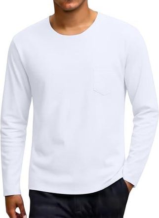 Generic Chemise de pyjama en coton pour homme - Haut uni &agrave; manches longues - Col rond - Coupe ample - Confortable - Respirant - V&ecirc;tements de sport pour lint&eacute;r