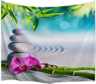 A.Monamour Wanddekor Wandteppiche Yoga Meditation Zen Grüne Pflanzen Orchidee Blume Felsen Steine??Weiße Sande Naturlandschaft Wandteppich Wandbehänge Kunst Deko