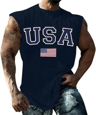 Generic DENGJIAMY 4 juillet Chemise sans manches pour homme Motif drapeau américain Chemise sans manches dété tendance Patriotique Col rond T-shirt imprimé US