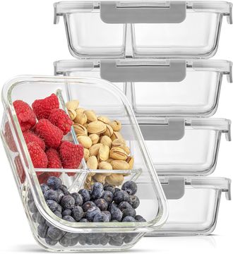 JoyJolt Unterteilte Frischhaltedosen mit Deckel luftdicht 5 Stück Glas Meal Prep Container 3 Fach Set Glas Bento-Box Wiederverwendbare Lebensmittelbehälter, P