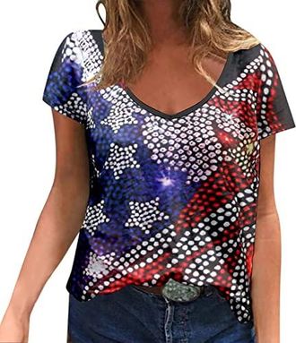 Janly T-shirts Personnalis&eacute; Peint &agrave; la Main Femme T-shirt avec Drapeau Am&eacute;ricain Col en V pour le Jour de lInd&eacute;pendance T-shirt surdimensionn&eacute; pour Femmes G