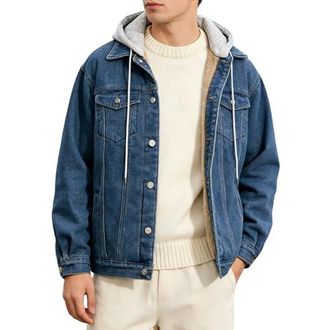 Generic Veste en jean d&eacute;lav&eacute;e pour homme, manteau en jean d&eacute;contract&eacute; &agrave; manches longues, style trucker, capuche, bleu fonc&eacute;, grande taille