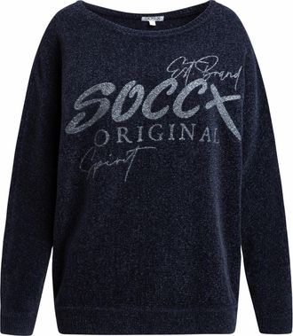 soccx Damen Chenille-Pullover mit Glitter Print Blue Navy, XXXL