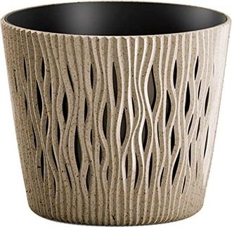 Prosperplast Blumentopf Color Ocre mit Tank, Sandy Round Eco Wood Kollektion, 18,9 x 18,9 x 16,5 cm, Fassungsverm&ouml;gen 3 l