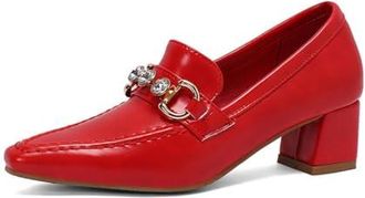 Generic Chaussures Femme Rétro avec Strass Robustes Cuir Simili Mocassins Bout Pointu Talons Carrés Moyens Confortables À Enfiler Soirée Bureau,Rouge,38.5 EU
