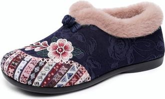 Generic Pantoufles ethniques brod&eacute;es en peluche pour femme - Coupe large - Style boh&egrave;me - Motif floral - Boutons - Pour lhiver - Chaudes - Doublure en polaire
