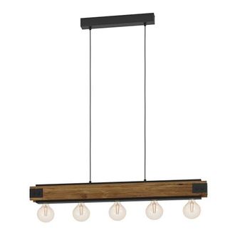 Eglo Pendelleuchte Layham, 5 flammige Hängelampe Vintage, Industrial, Retro, Hängeleuchte aus Stahl und Holz in Schwarz, Natur, Esstischlampe, Wohnzimmerla