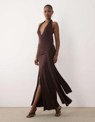 Tfnc Robe longue dos nu ultra moulante &agrave; d&eacute;collet&eacute; plongeant - Chocolat-Marron