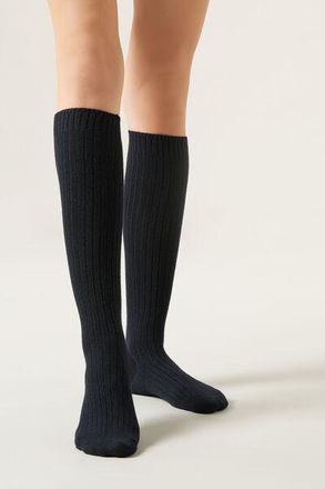 Calzedonia Lange Gerippte Damensocken Mit Wolle Und Kaschmir Blau