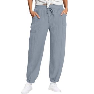 Generic Nuoke pantalon fluide femme &eacute;t&eacute;,Pantalon large en lin pour, d&eacute;contract&eacute;, ample, taille haute, pour la plage, avec poches Short Pyjama Carreaux (Grey, 