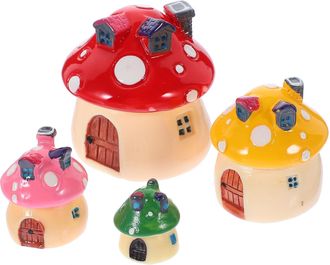 Cabilock 4 St&uuml;ck Pilzhaus Dekorationsset Aus Kunstharz Cartoon Miniatur Pilzhaus Figuren F&uuml;r Mikrolandschaften Garten Balkon Hof