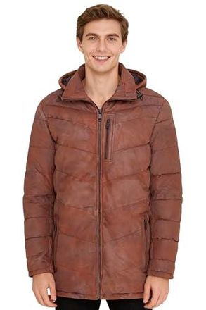 Infinity Leather Doudoune matelass&eacute;e chaude en cuir dagneau marron clair pour homme, avec capuche amovible