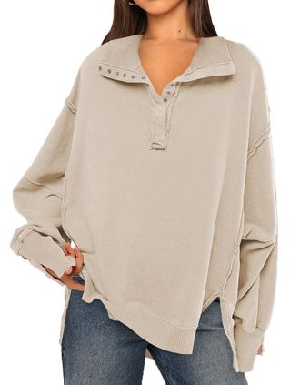 OLIPHEE Sweatshirts f&uuml;r Damen Sweatshirt Damen Oversized mit Kn&ouml;pfe Fr&uuml;hling Herbst Pullover Langarmshirts f&uuml;r Damen V-Ausschnitt Revers Loose Tops Vintage Ob