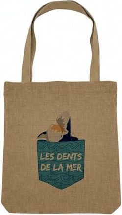 Fabulous Sac Shopping Tote Bag Aspect Lin - Poche Surprise Requin Attaque Illustration Dessin Mer - Sac de Courses Toile Epaisse 360g Beige Naturel Cabas Port&eacute;