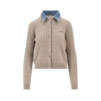 Miu Miu Cable knit cardigan with denim collar Woman 40