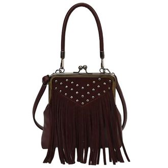 Generic Sac besace &agrave; franges occidentales avec rivets en polyur&eacute;thane pour femme - Sac &agrave; bandouli&egrave;re vintage pour voyage, shopping, usage quotidien, rouge vin