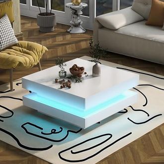 Furniture R Quadratischer Couchtisch in Weiß - moderner technologischer Stil, mit Bluetooth-LED-Leiste, 70x70x36 cm, max. Belastung 45 kg