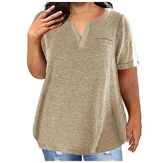 Generic T-shirt &agrave; manches courtes et col en V pour femme, coupe ample, confortable, doux, d&eacute;contract&eacute;, couleur unie, pour un usage quotidien, kaki, XXL