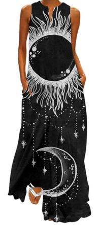 Ocean Plus Damen Muster Maxikleid V-Ausschnitt Kleid mit Stecktaschen und Weitem Rock (4XL, Schwarz-weiße Sonne und Mond)