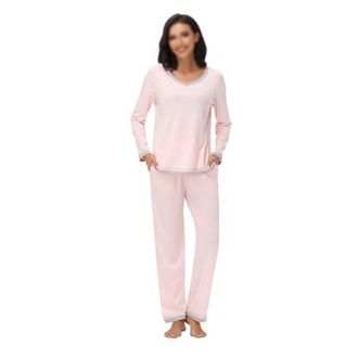 Generic Pyjama Femme Long Col V Ensemble Pyjama Ensemble 2 Pi&egrave;ces Haut &agrave; Manches Longues et Pantalon de Pyjama Jambe Large Confortable D&eacute;tente S-XXL(Pink,XXL)