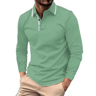 Generic Polo pour homme - Manches longues - T-shirt ray&eacute; - Chemise d&eacute;contract&eacute;e pour homme - Chemise de sport respirante pour homme, Vert clair., XXL