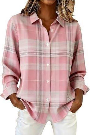 Generic Chemise &agrave; manches longues &agrave; carreaux pour femme - Grandes tailles - Col en V - Boutonni&egrave;re - Chemisier boutonn&eacute; - Coupe ample - T-shirt &agrave; manches long