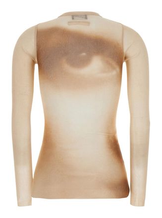Jean Paul Gaultier Womens Long-Sleeved T-Shirt With Face Print Beige Tech Fabric Top